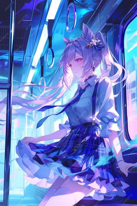 Premium Photo Anime Girl In A Blue Dress On A Train Generative Ai