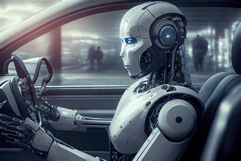 Humanoid Robot Driving Autonomous Car Future Technology Concept Stock