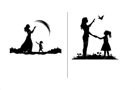Silueta De Madre Con Una Hija Madre Con Un Hijo Ilustración Vectorial Para El Día De La Madre