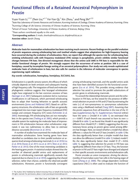Pdf Functional Effects Of A Retained Ancestral Polymorphism In Prestin