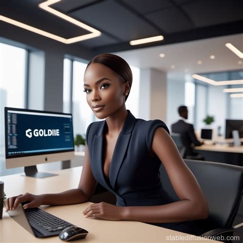 Modern Office With African Woman And Goldie Virtual Assistant Logo