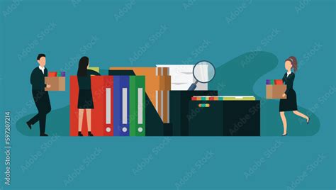 People Taking Documents From Shelves Using Magnifying Glass And Searching Files 2d Vector