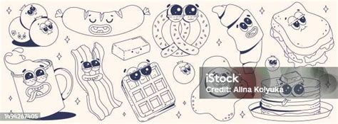 펑키한 음식 캐릭터가 있는 트렌디한 스티커 세트 카페 레스토랑 바의 브랜딩 마스코트 신선한 페이스트리 프레첼 크루아상 프렌치