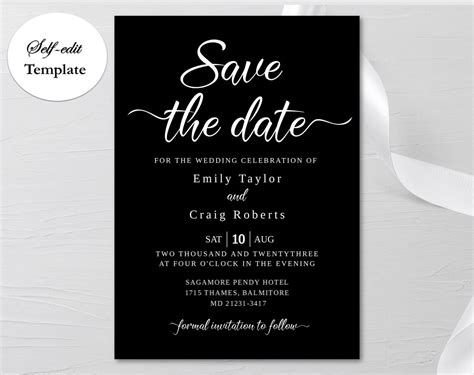 Black Save The Date Template Black And White Invitation Etsy