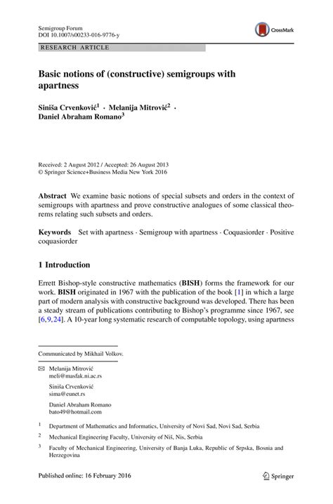 Pdf Basic Notions Of Constructive Semigroups With Apartness