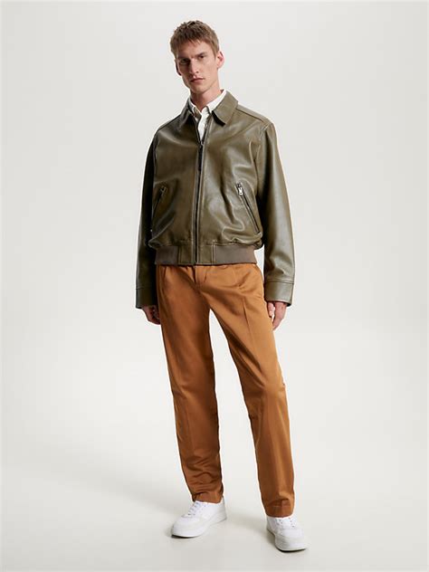 Leather Zip Thru Bomber Jacket Khaki Tommy Hilfiger