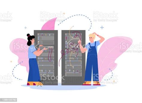 Data Hosting Center With Engineers In Server Room Cartoon Vector Illustration Stock Illustration