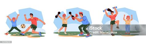 스포츠를 수행하는 부모와 자녀의 스포츠 활동적인 가족 세트 벡터 격리 가족에 대한 스톡 벡터 아트 및 기타 이미지 가족