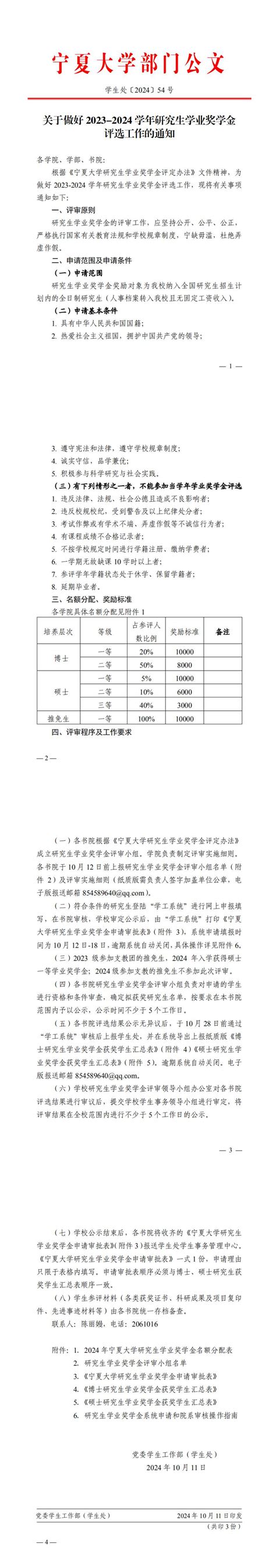 关于做好2023 2024学年研究生学业奖学金评选工作的通知（学生处〔2024〕54号） 宁夏大学学生工作部（2021）