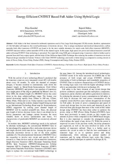 Pdf Energy Efficient Cntfet Based Full Adder Using Hybrid Logic International Journal