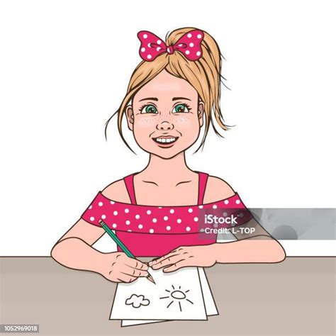 Gadis Kecil Yang Lucu Duduk Di Meja Dan Menggambar Ilustrasi Vektor