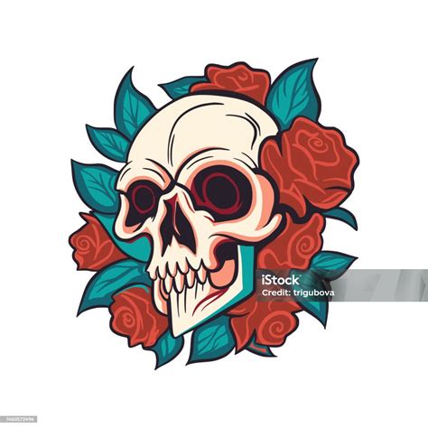 벡터 두개골과 장미 꽃 로고 아이콘 아트 할로윈 꽃 자세한 문신 그림 빈티지 복고풍 디자인 배경 T 셔츠에 대한 스톡 벡터 아트 및 기타 이미지 Istock