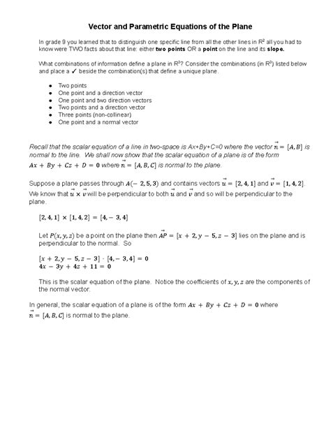 A Vector And Parametric Equations Of The Plane Lesson Vector And Parametric Equations Of