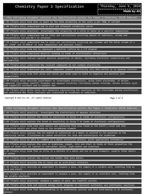 Igcse Edexcel Paper 2 Chemistry Only Spec Pdf Chemical Reactions