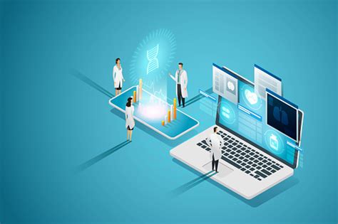 그룹 의사는 노트북과 휴대 전화의 화면을 통해 의료 아이콘을 참조하십시오 건강관리와 의술에 대한 스톡 벡터 아트 및 기타 이미지 건강관리와 의술 테크놀로지 의사