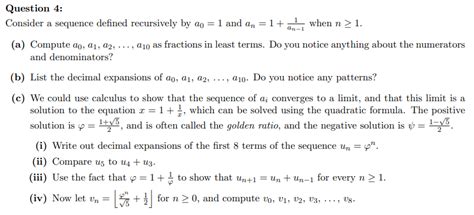 solved question 4 consider a sequence defined recursively