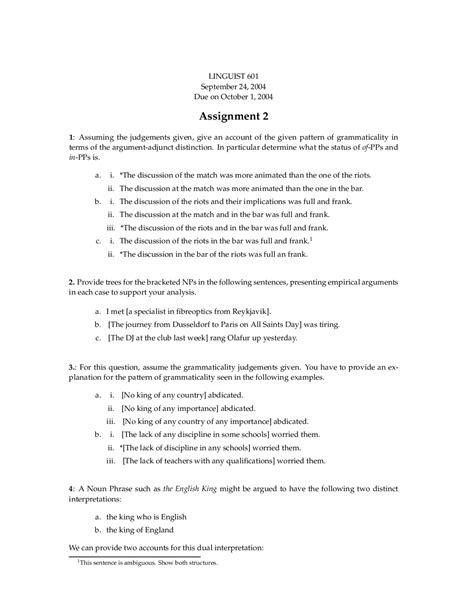 Assignment 2 Introduction To Transformational Grammar Linguist 601