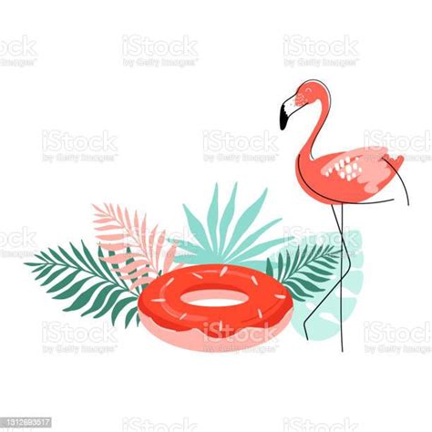 벡터 여름 템플릿 Ith 플라밍고 야자수 잎 흰색 배경에 풍선 원 0명에 대한 스톡 벡터 아트 및 기타 이미지 0명 계절 다중 색상 Istock
