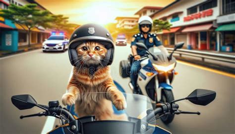 A Cat With A Focused Expression Rides A Police Motorcycle Stock