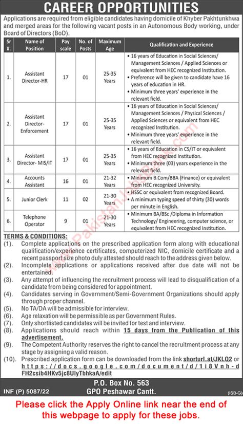 Po Box 563 Gpo Peshawar Jobs 2022 September Application Form Assistant