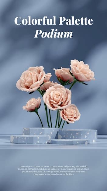 분홍색 장미 배경 3d 렌더링이 있는 세로로 파란색 테라조 텍스처 연단의 모형 템플릿 프리미엄 Psd 파일