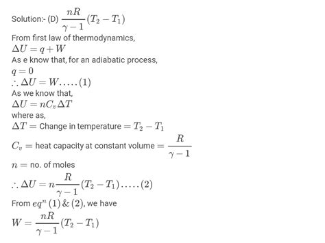 Work Done In Reversible Adiabatic Process By An Ideal Gas Is Given By