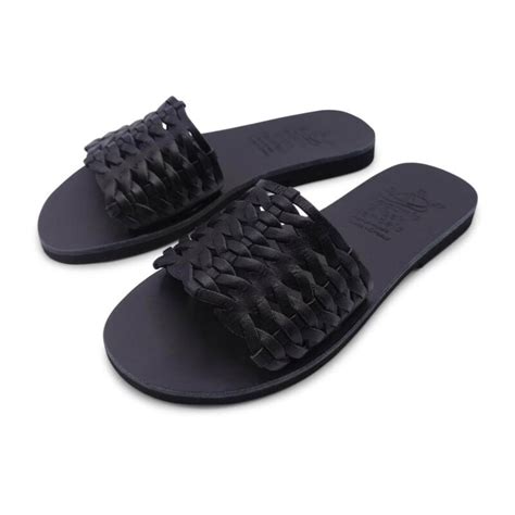 Black Slide Sandals Womens Leather Sandals Pagonis Greek Sandals