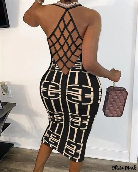 Olivia Mark Geometric Print Fishnet Backless Bodycon Dress With Open
