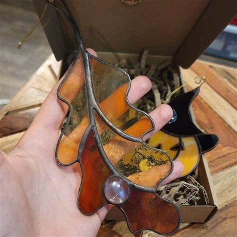 Stained Glass Oak Leaf Suncatcher Handmade Autumn Decor Leaves Ornament