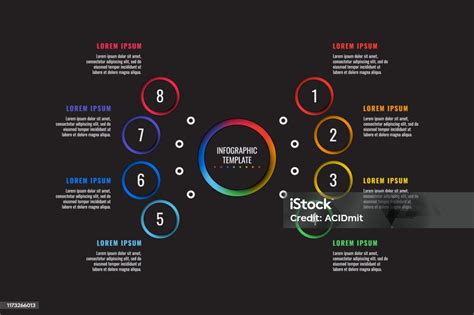 검은 색 배경에 둥근 종이 컷 요소가있는 8 단계 인포 그래픽 템플릿 비즈니스 프로세스 다이어그램 회사 프리젠 테이션 슬라이드