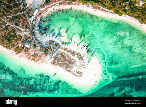 Overhead View Of Dhow Traditional Boats Moored In A Sandy Bay