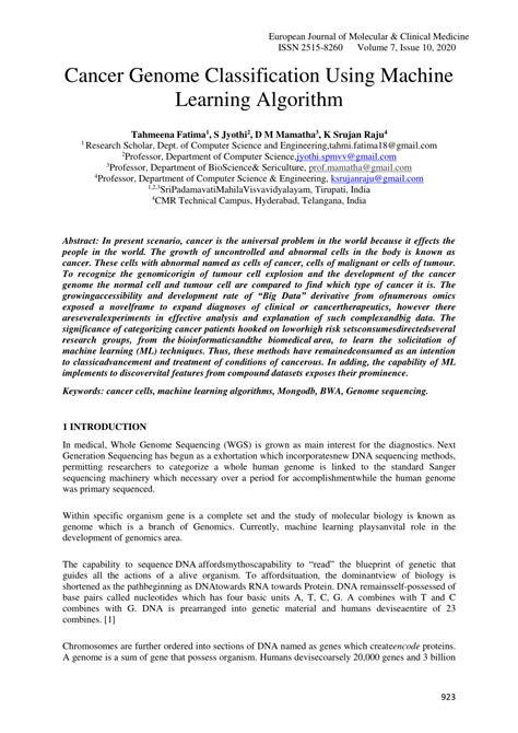 PDF Cancer Genome Classification Using Machine Learning Algorithm