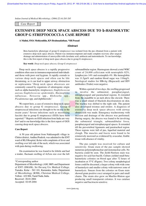 Pdf Extensive Deep Neck Space Abscess Due To B Haemolytic Group G