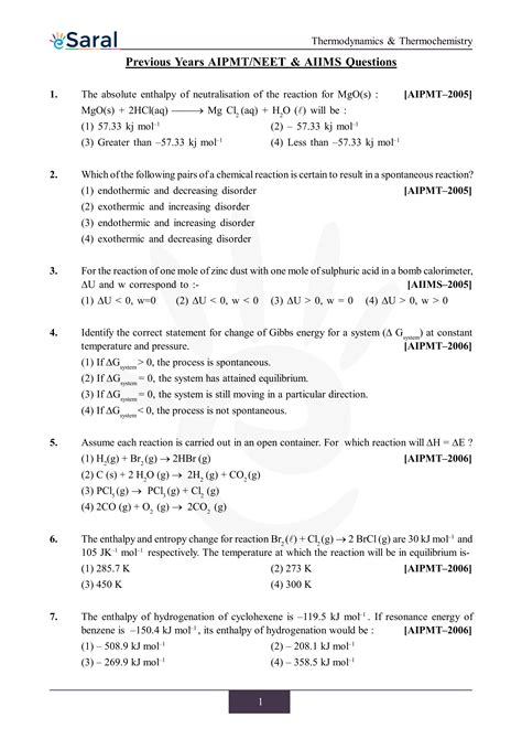 Thermodynamics And Thermochemistry NEET Previous Year Questions With