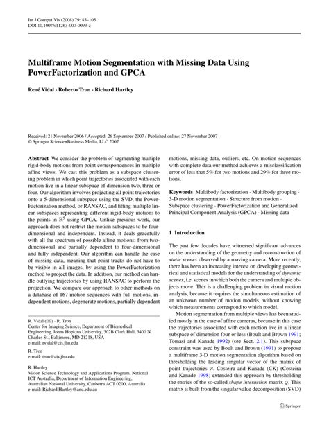 Pdf Multiframe Motion Segmentation With Missing Data Using