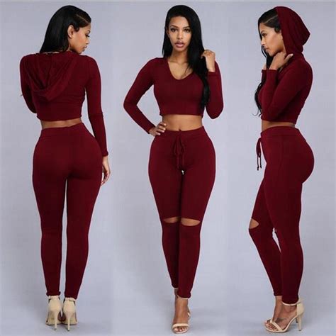 Women Two Piece Outfits Pants 2016 Hot Spring Long Sleeve Ripped