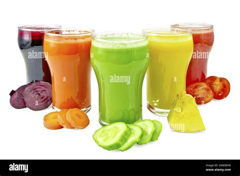 Five Tall Glasses With Juice Of Carrot Cucumber Tomato Beetroot And