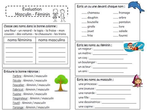 Evaluation Féminin et masculin Exercice ce2 Exercice ce1 et