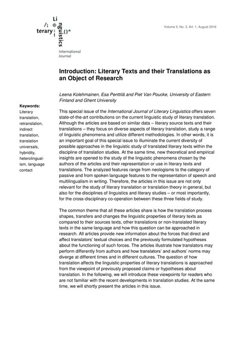 PDF Introduction Literary Texts And Their Translations As An Object