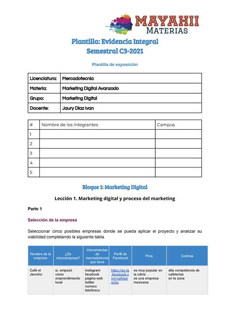 Plantilla Evidencia MKT Mayahii Plantilla Evidencia Integral