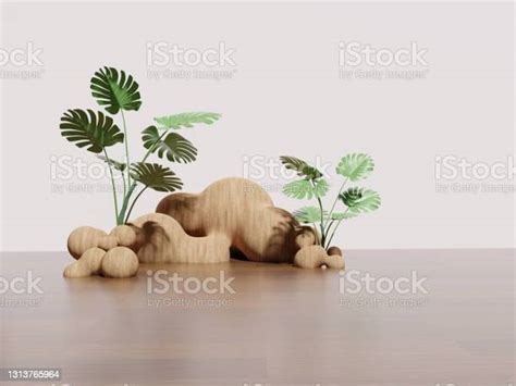 받침대 연단의 3d 렌더링 몬스터 라뭇잎과 추상 적 최소한의 디스플레이 빈 공간 미용 화장품 또는 쇼케이스를위한 기하학 연단 0명에 대한 스톡 사진 및 기타 이미지 Istock