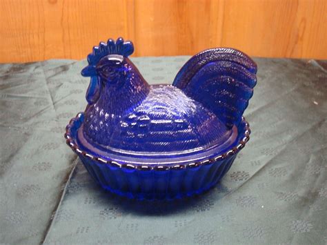 Vintage Cobalt Blue Glass Hen On A Nest Basketweave Westmoreland Values