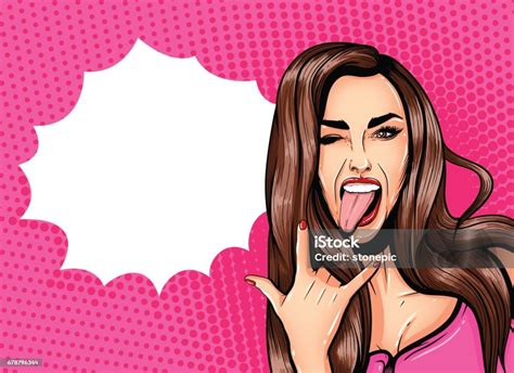 팝 아트 빈티지 광고 포스터 만화 소녀 연설 거품 예쁜 여 자가 혀와 로큰롤 기호 표시 여자에 대한 스톡 벡터 아트 및 기타 이미지 여자 귀여운 팝 아트 Istock