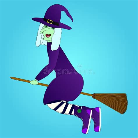 Cartoon Witch Flying On Broomstick For Halloween Stock Vector