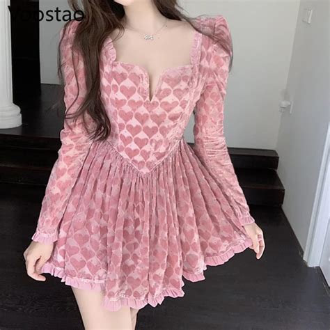 봄 가을 스위트 여성 슬림 벨벳 드레스 한국어 세련된 스퀘어 칼라 하트 모양의 인쇄 파티 미니 드레스 여성 우아한 Vestido드레스 Aliexpress
