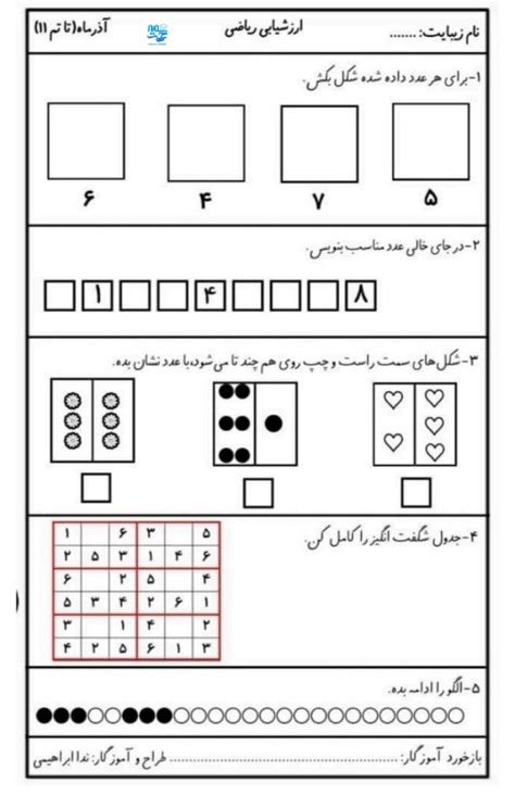 آزمون و نمونه سوال ریاضی اول ابتدایی آذر ماه شماره 7 دکتر سمیه رحمت