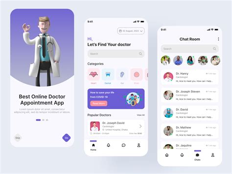 onboarding home and chat screen doctor appointment app by tareq rahman
