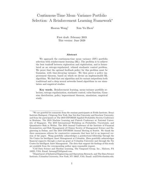 Pdf Continuous‐time Meanvariance Portfolio Selection A
