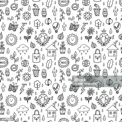 Seamless Pattern With Outline Eco Icons And Recycles Symbols Save The