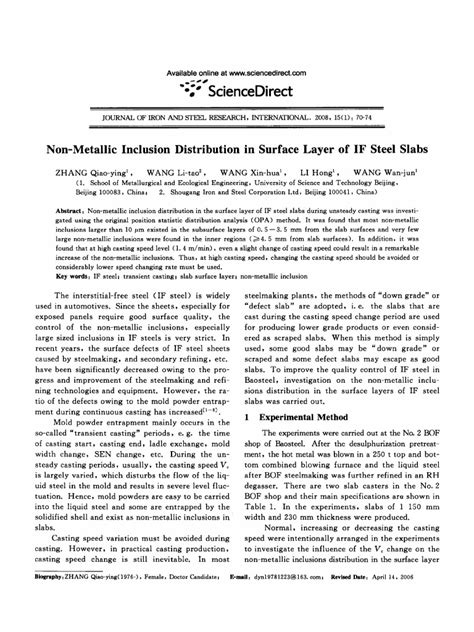 Non Metallic Inclusion Distribution In Surface Layer Of If Steel Slabs Pdf Steel Steelmaking